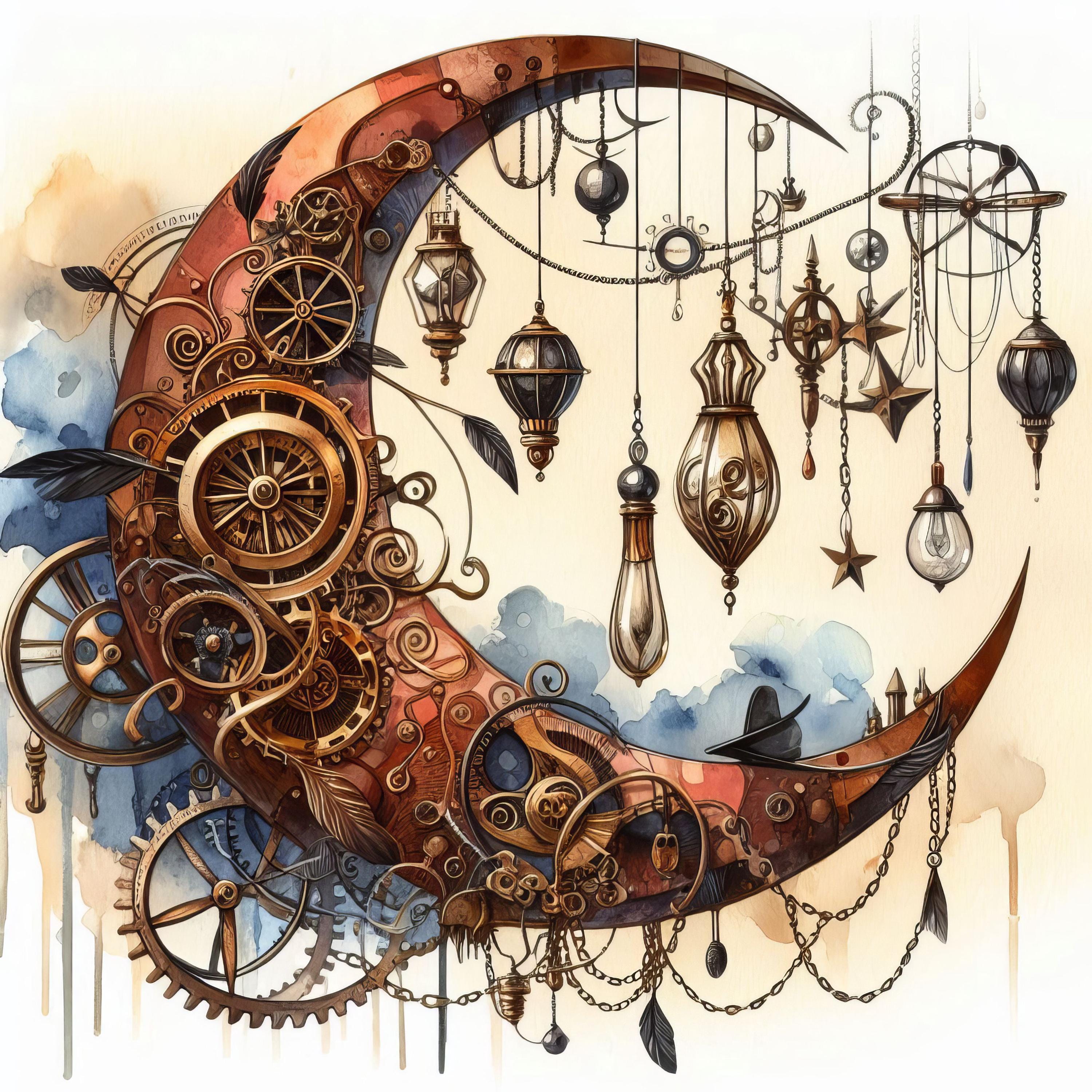 Steampunk Moon; 10 High Res Watercolor Jpegs, Junk Journaling, Card ...