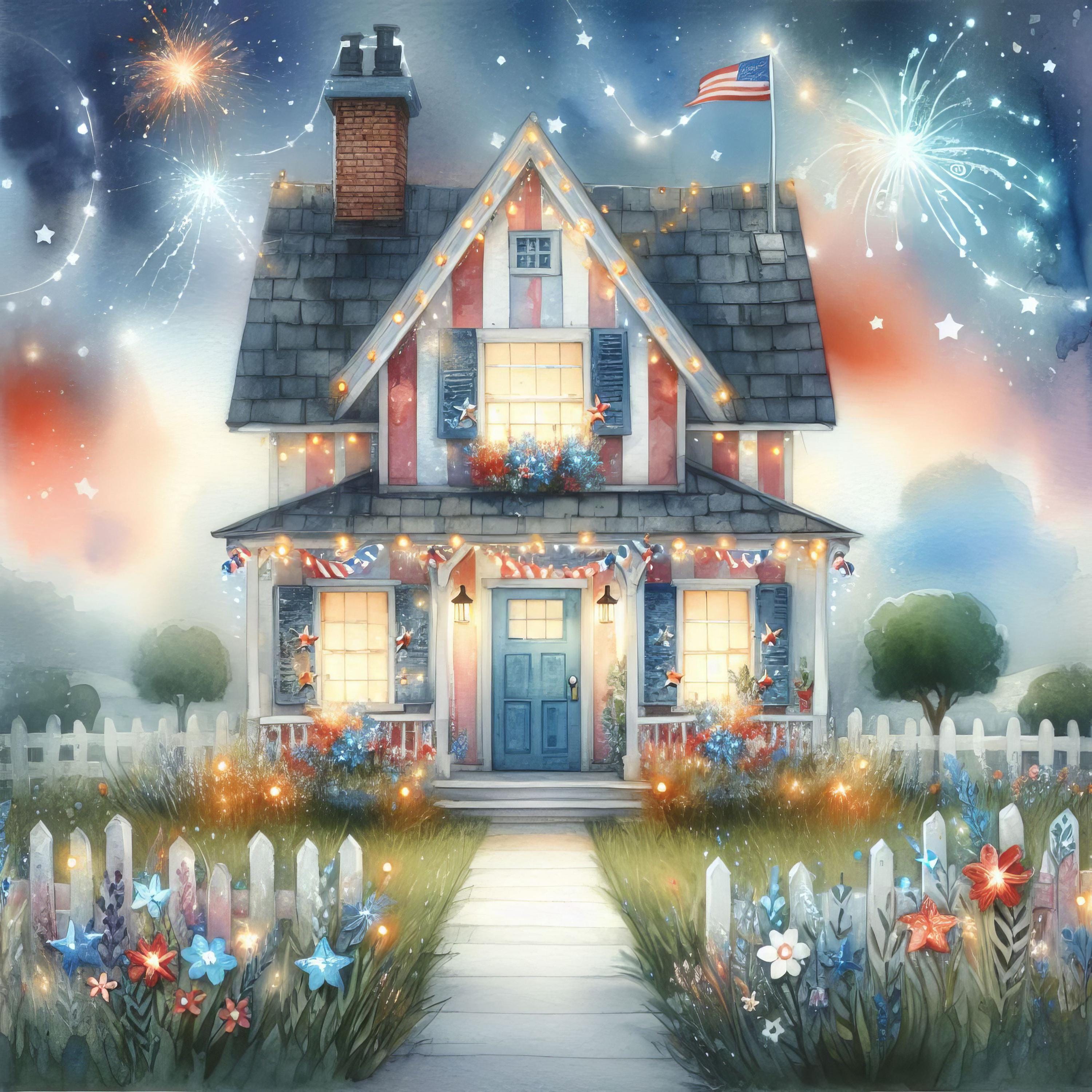 Fourth of July House 10 High Res Watercolor Jpgs Junk Journaling, July ...