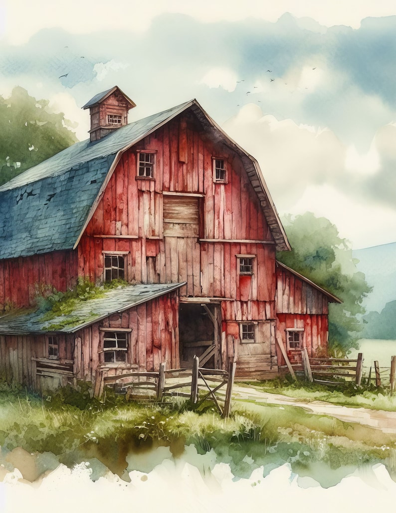 Old Red Barn Clipart Bundle 10 High Res Watercolor Jpgs for Junk Journaling, Scrapbooking, Paper ...