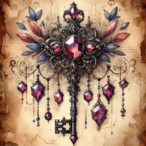 Gothic Jeweled Key Clip Art 10 High Res Watercolor Jpgs for Junk ...