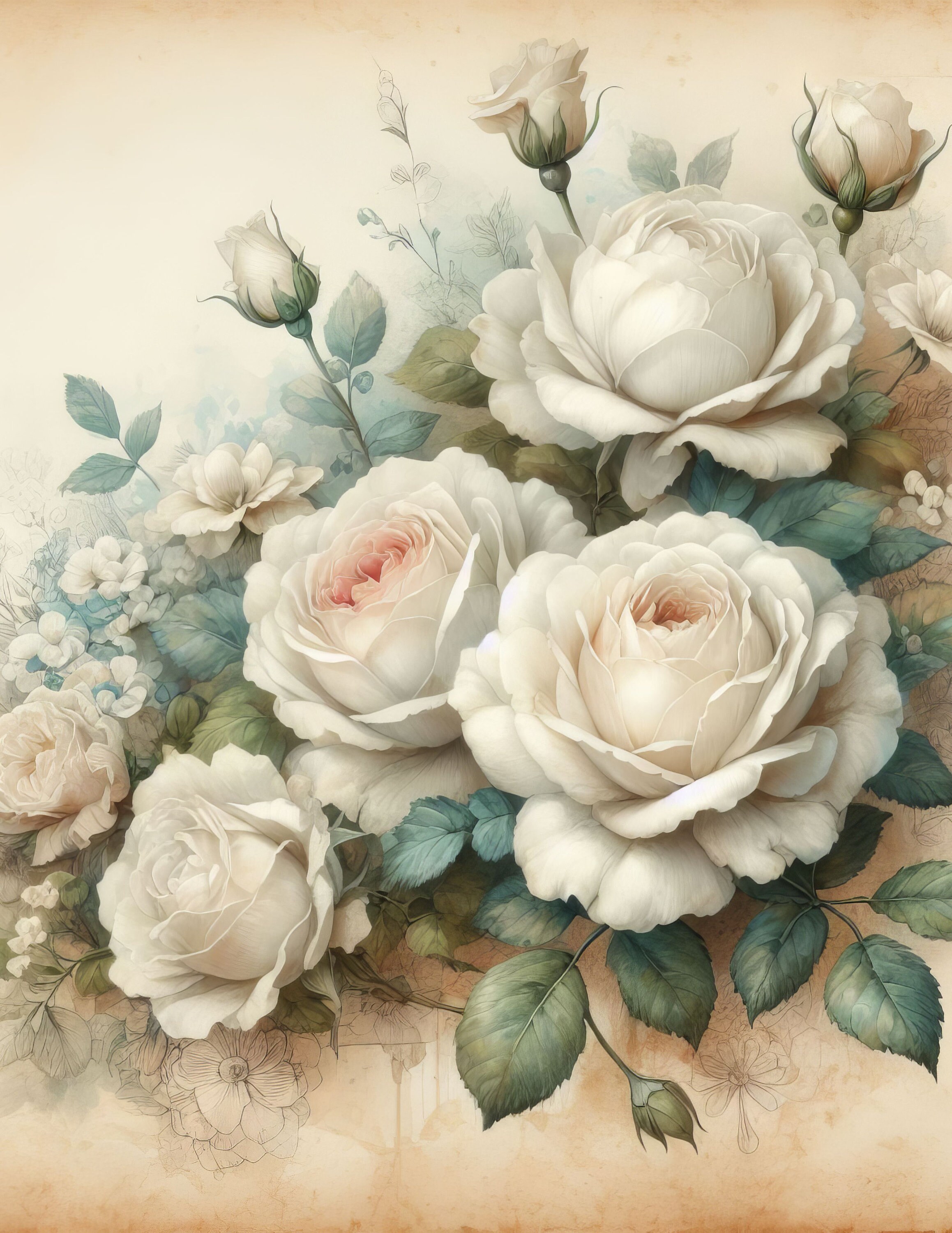 Vintage White Roses Clipart Bundle 10 High Res Watercolor Jpgs for Junk ...