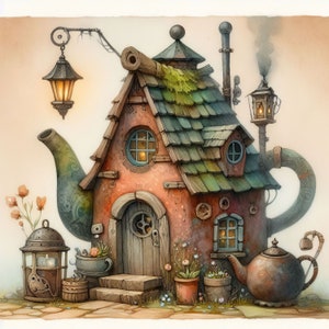 Whimsical Teapot House Clip Art 10 High Res Watercolor Jpgs for Junk ...