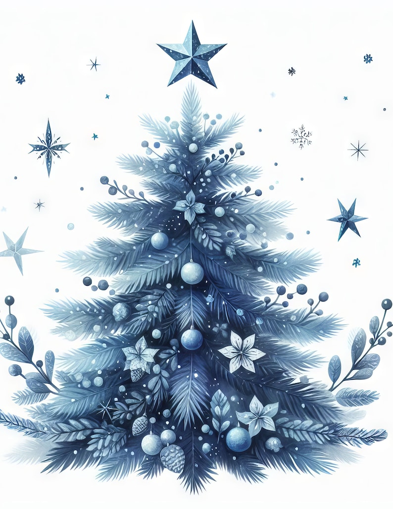 Nordic Blue Christmas Tree Clipart Bundle 10 High Res Watercolor Jpgs ...