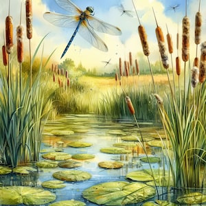 Cattails and Dragonflies Clip Art Kit 10 High Res Watercolor Jpgs for ...