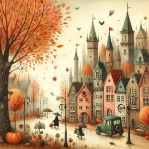 Whimsical Autumn City Clip Art 10 High Res Watercolor Jpgs Junk ...
