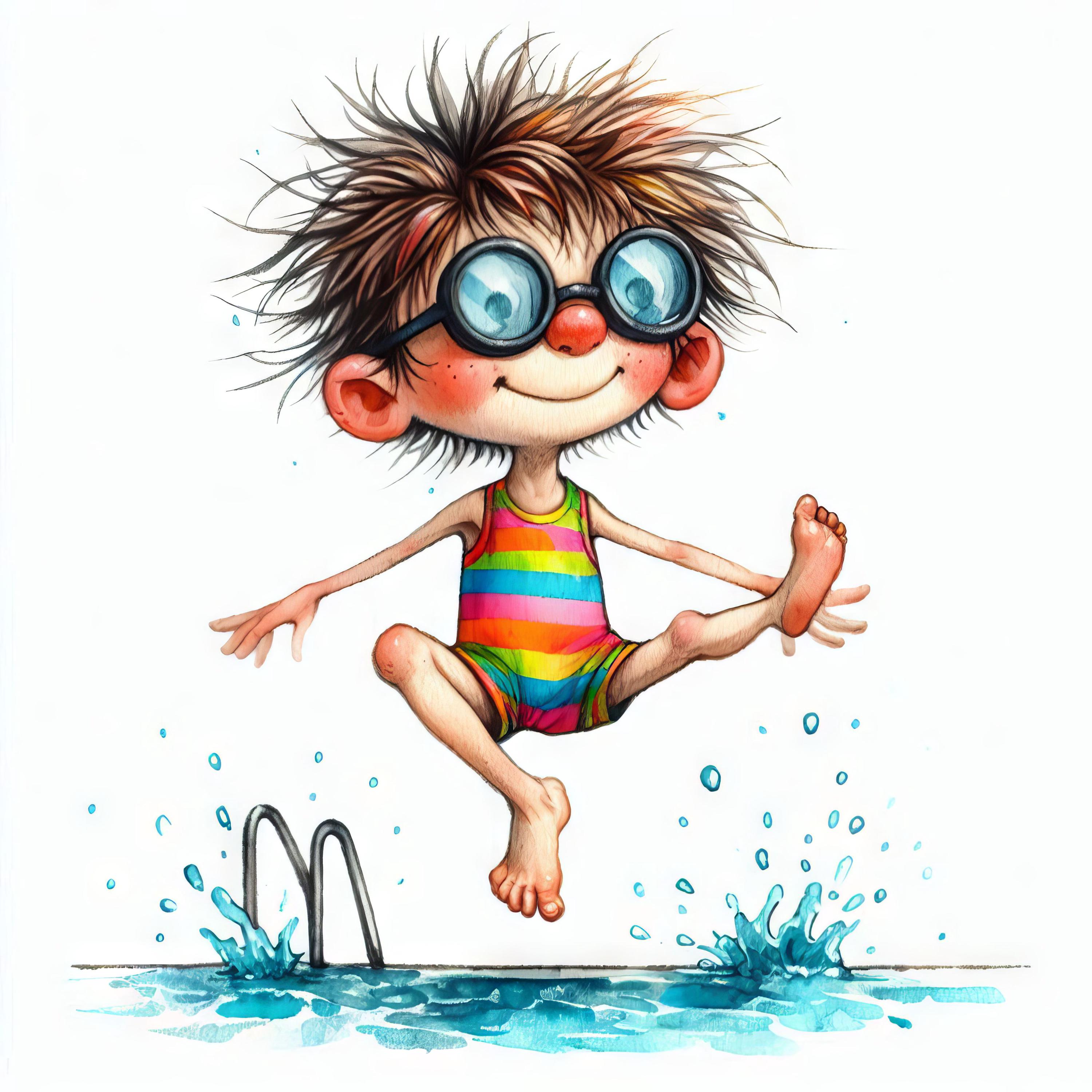 Quirky Swimming Boy: 10 High Res Watercolor Jpgs, Junk Journaling ...