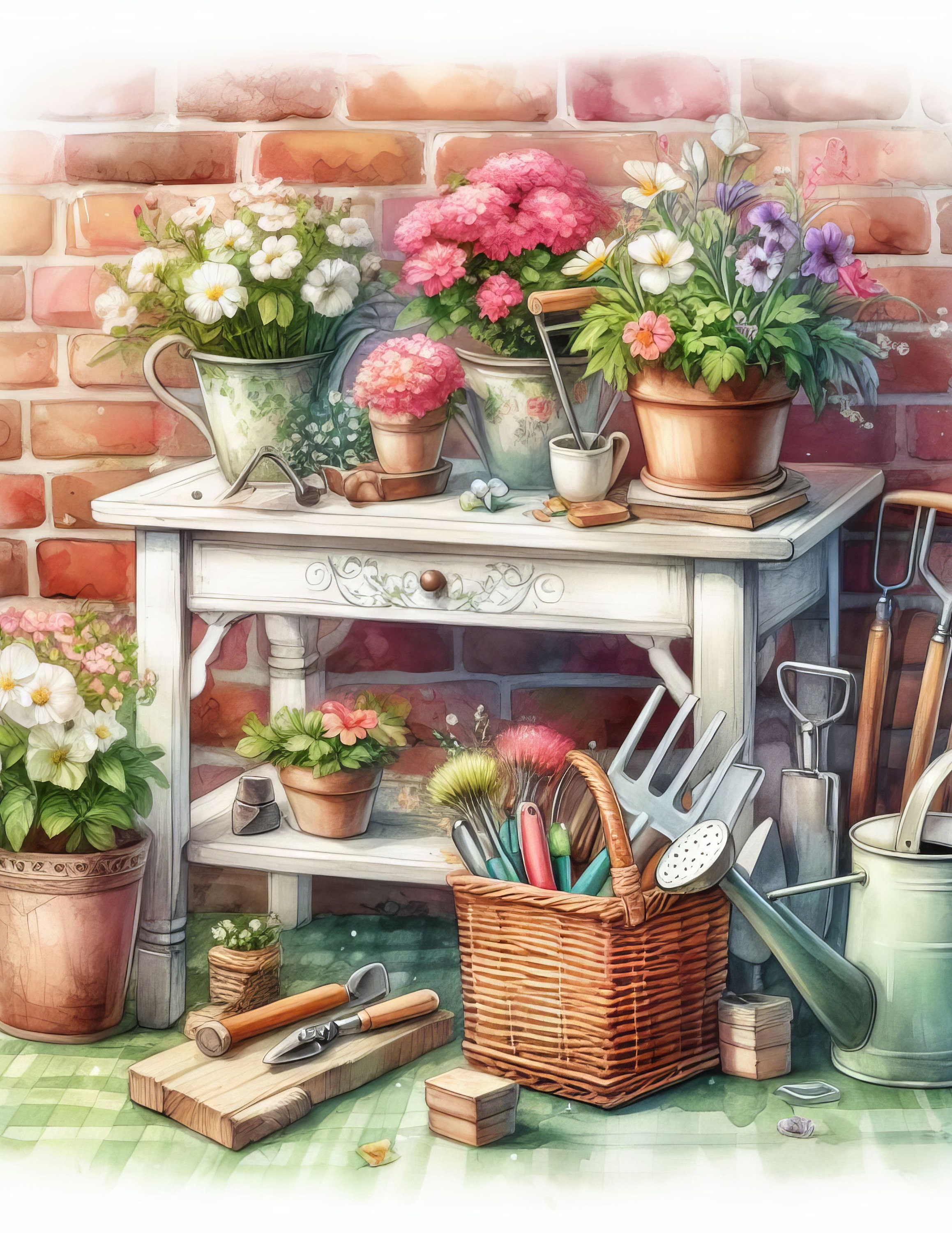 Shabby Chic Gardening Table Clipart Bundle 10 High Res Watercolor Jpgs ...