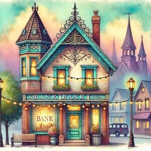 Whimsical Bank Watercolor Clipart: Junk Journal Ephemera (digital ...