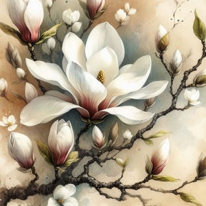 White Magnolias Clip Art Bundle 10 High Res Watercolor Jpgs for Junk Journaling, Scrapbook ...