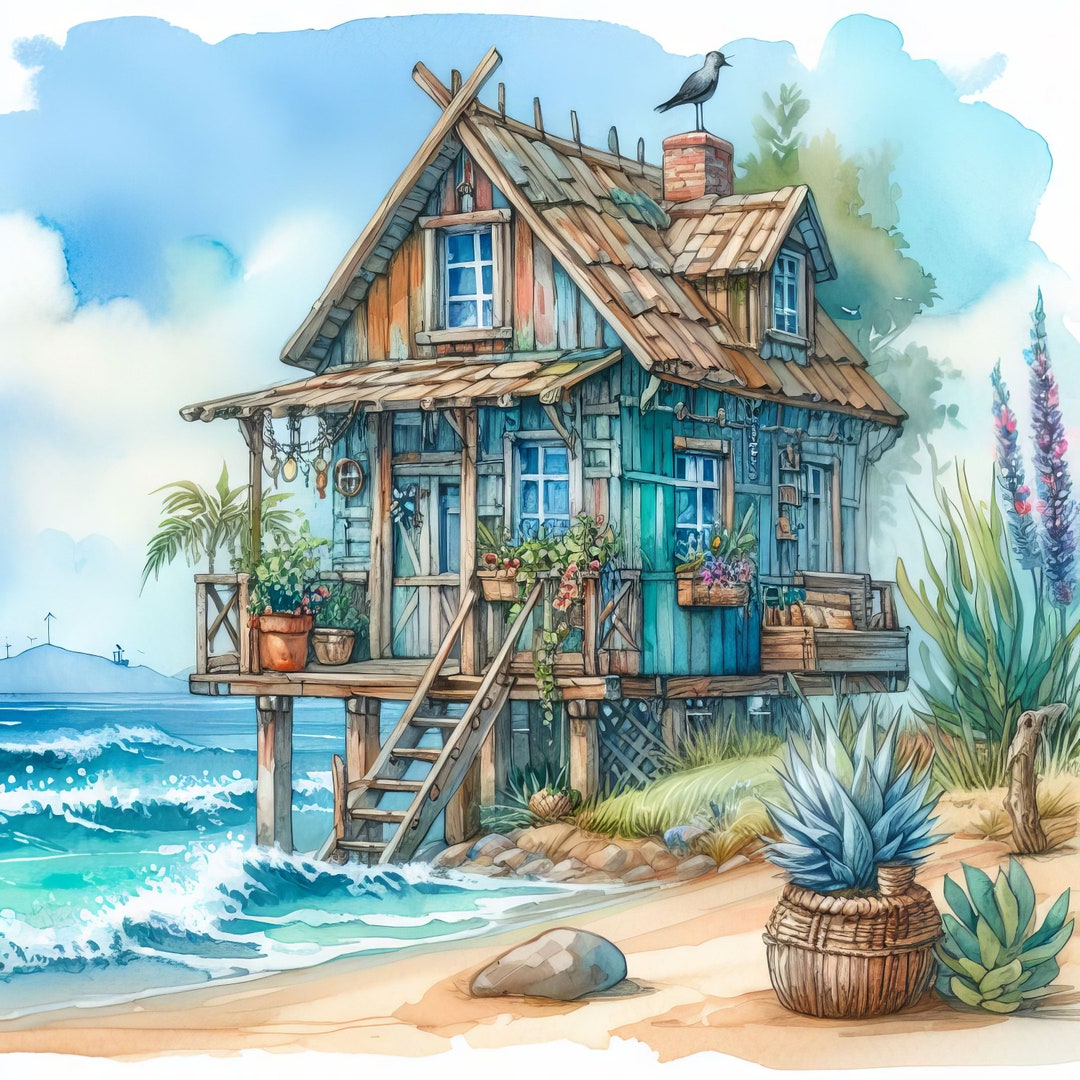 Whimsical Beach House Clip Art Kit 10 High Res Watercolor Jpgs for Junk ...