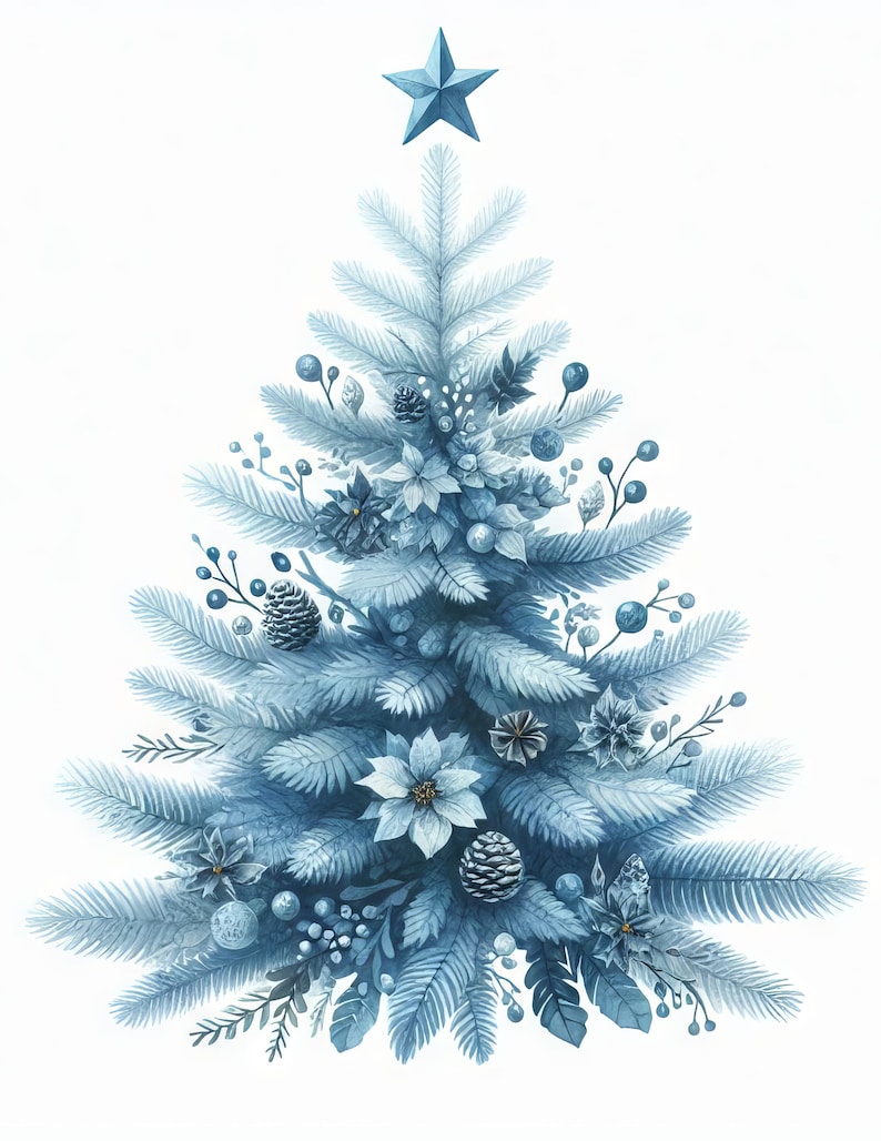 Nordic Blue Christmas Tree Clipart Bundle 10 High Res Watercolor Jpgs ...