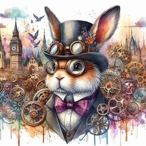 Steampunk Rabbit 10 High Res Watercolor Jpgs Junk Journaling, Card ...