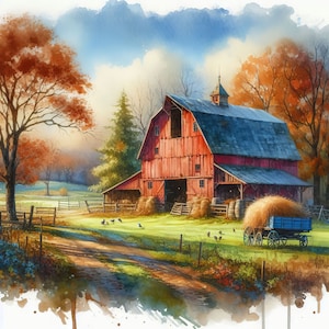 Red Barn in Fall Clip Art 10 High Res Watercolor Jpgs for Junk ...