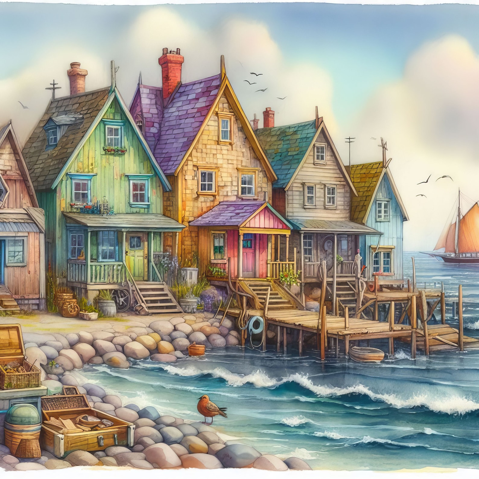 Whimsical Seaside Cottages Clip Art Bundle 10 High Res Watercolor Jpgs ...