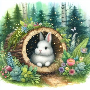 Bunny in a Log Clip Art 10 High Res Watercolor Jpgs for Junk Journaling ...