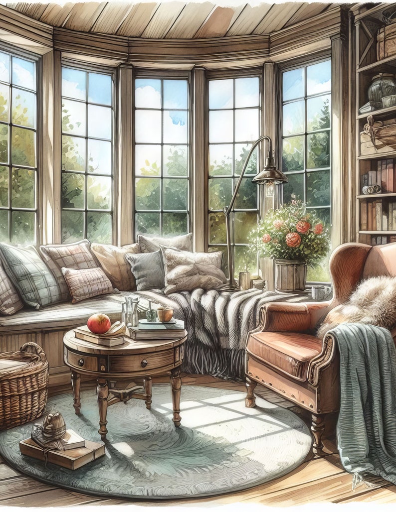 Bay Window Reading Nook: Clipart Bundle 10 High Res Watercolor Jpgs for ...