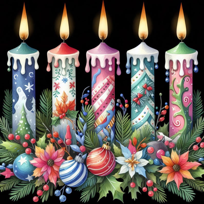Christmas Candles on Black: 10 High Res Watercolor Jpgs, Junk ...