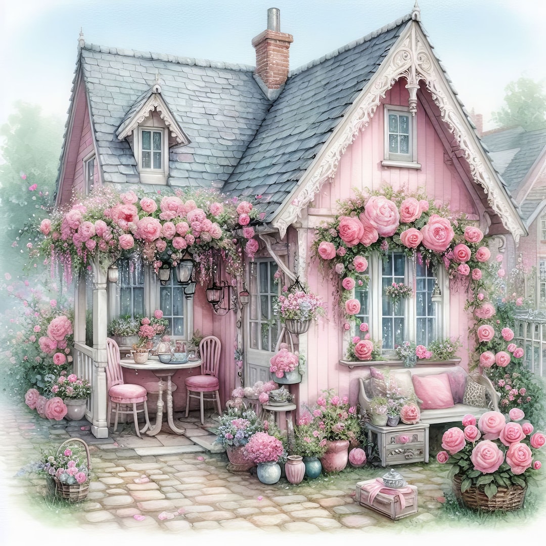Pink Rose Cottage Clip Art 10 High Res Watercolor Jpgs for Junk ...