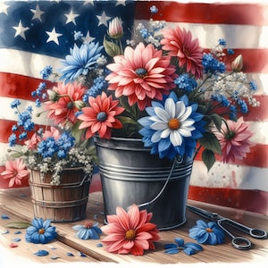 Patriotic Flowers Clipart Bundle 10 High Res Watercolor Jpgs for Junk ...