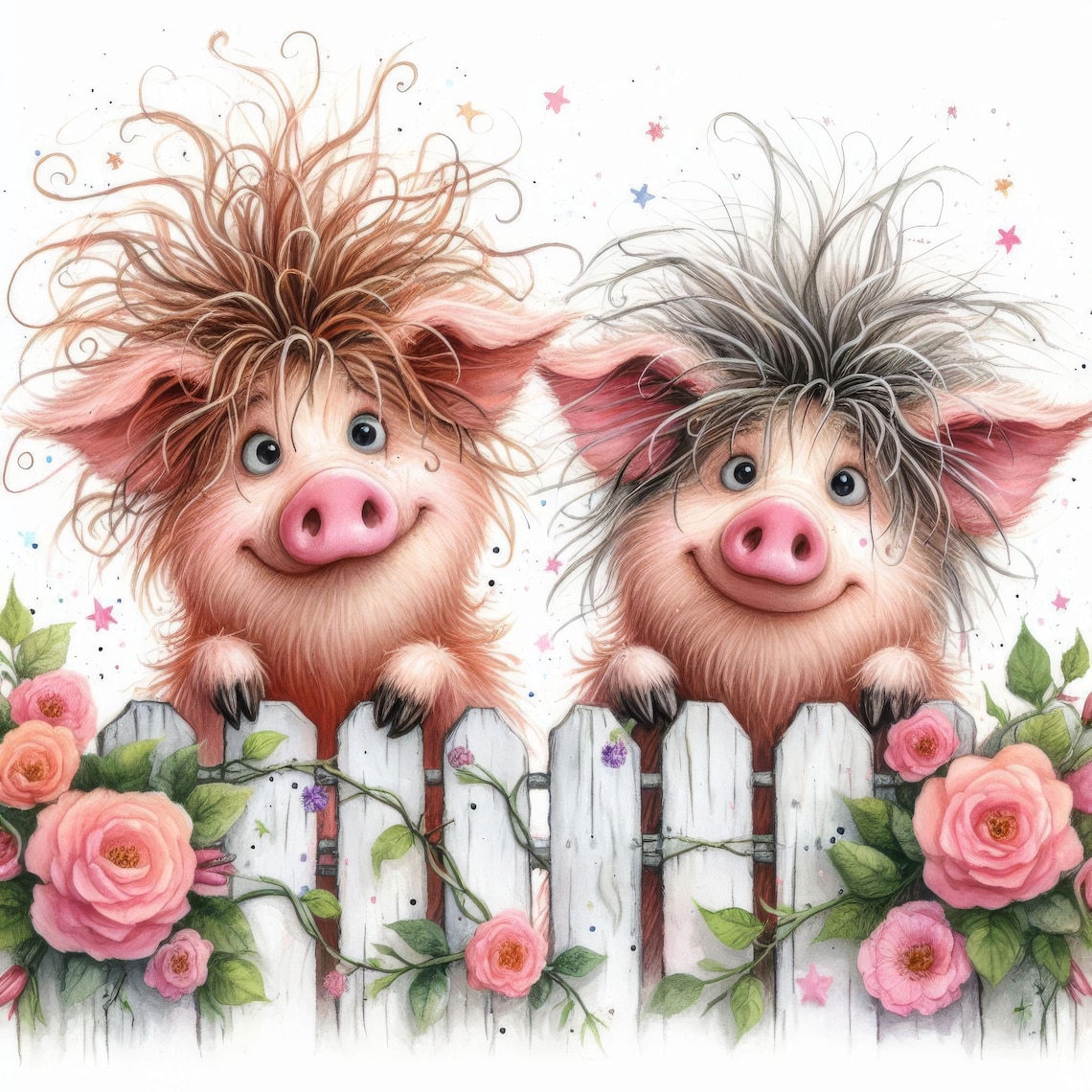 Quirky Pigs on a Fence: Clip Art, 10 High Res Watercolor, Jpgs, Junk ...