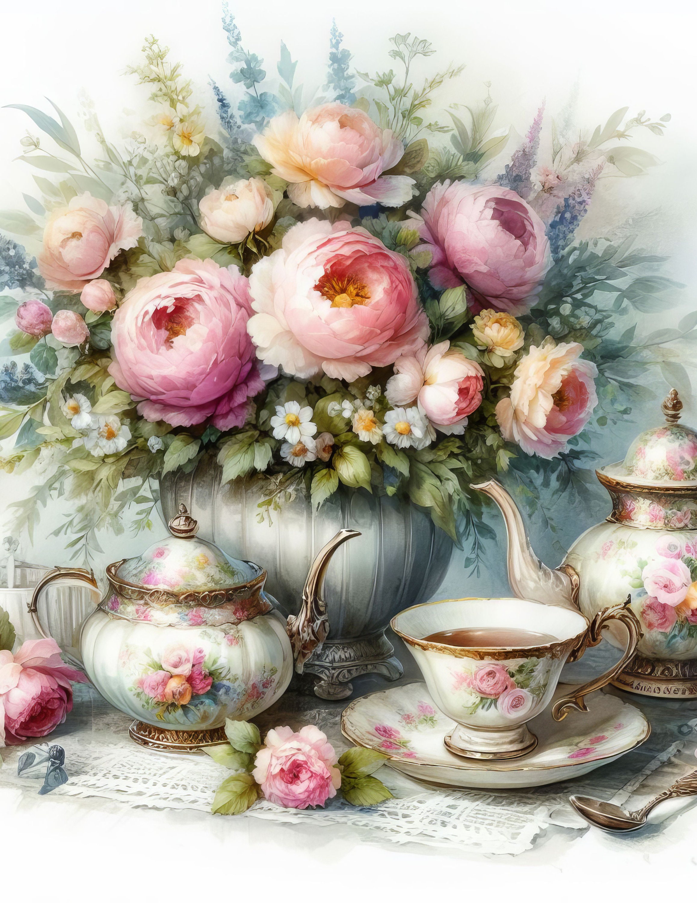 Vintage Tea Set: 10 High Res Watercolor Jpgs, Junk Journaling ...