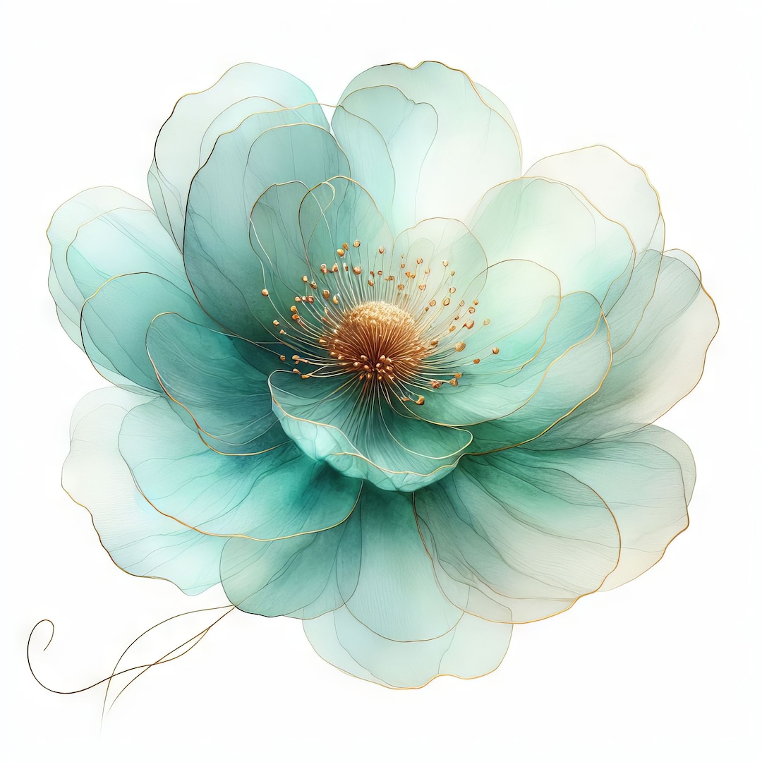Exquisite Gold Edged Aqua Flower Clip Art 10 High Res Watercolor Jpgs ...