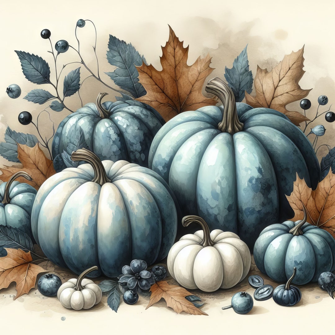 Blue Pumpkins Clip Art 10 High Res Watercolor Jpgs for Junk Journaling ...