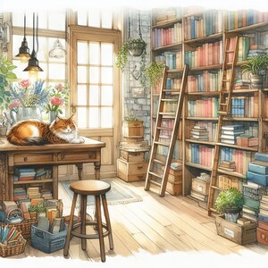 Old Fashion Book Store (with a Cat): Clip Art, 10 High Res Watercolor ...