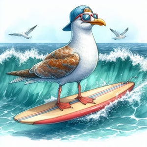 Quirky Seagull Surfing Clip Art 10 High Res Watercolor Jpgs Junk Journaling, Scrapbooking, Card ...