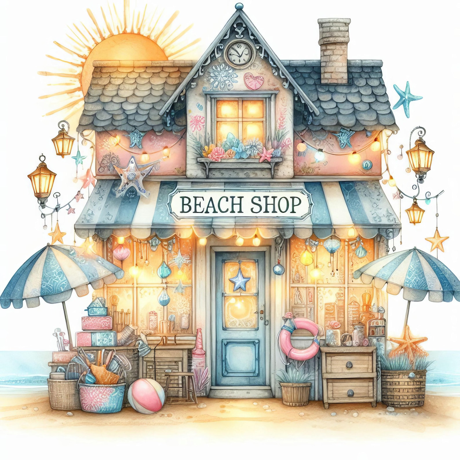 Beach Shop 10 High Res Watercolor Jpgs Junk Journaling, Scrapbooking ...