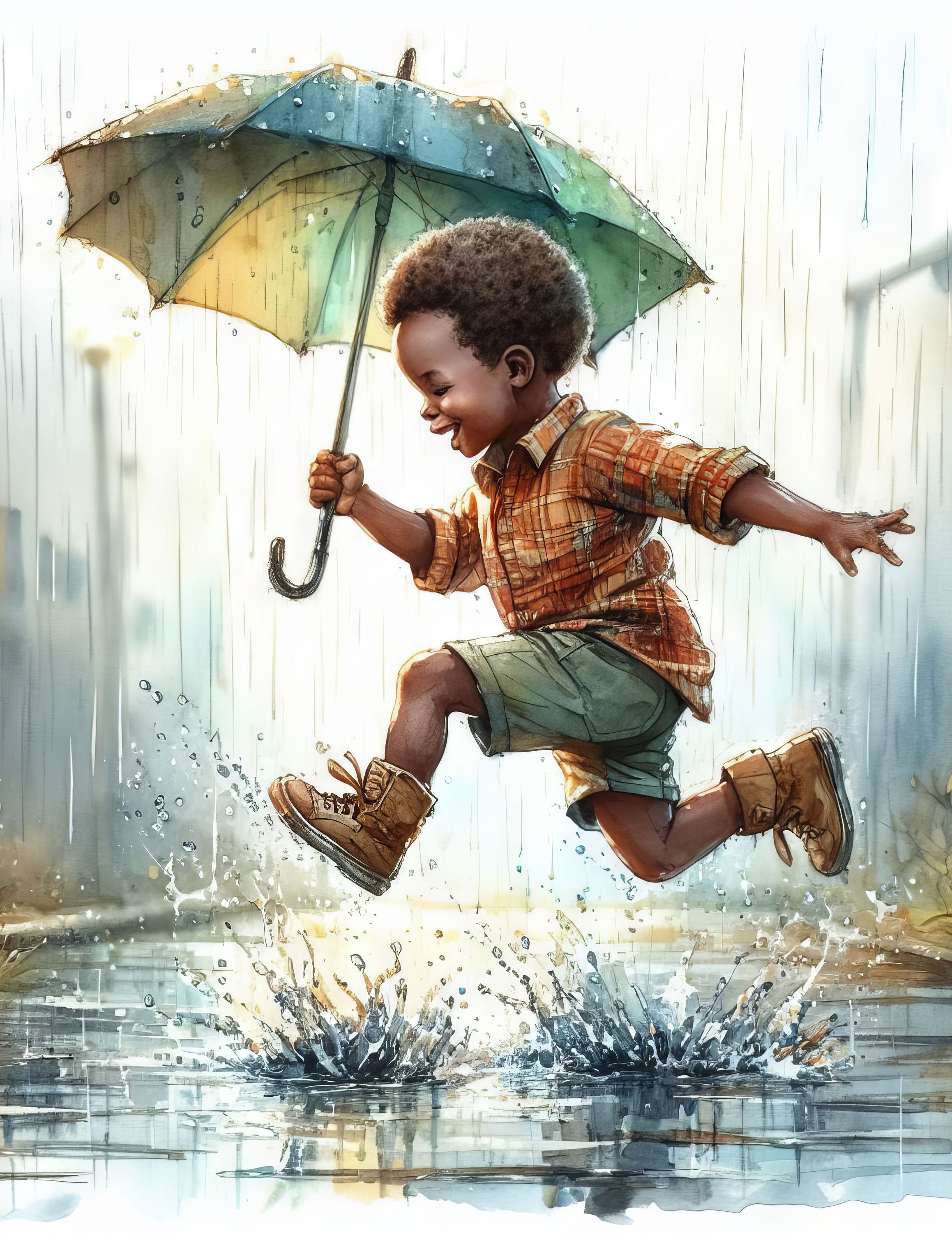 Little Boy Jumping in Puddles Clip Art Kit 10 High Res Watercolor Jpgs ...
