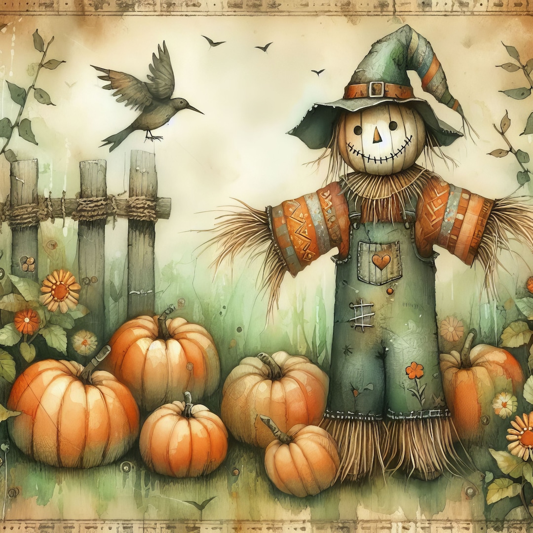 Whimsical Scarecrow in Pumpkin Patch Clip Art 10 High Res Watercolor ...