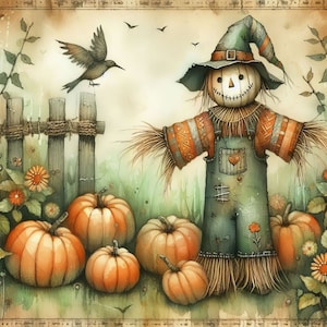 Whimsical Scarecrow in Pumpkin Patch Clip Art 10 High Res Watercolor ...