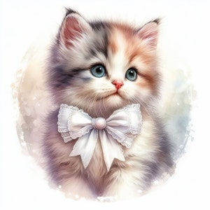 Kitten With White Bow Clip Art Bundle 10 High Res Watercolor Jpgs for ...