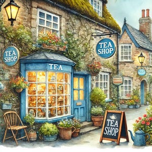 Village Tea Shop: 10 High Res Watercolor Jpegs Junk Journaling ...