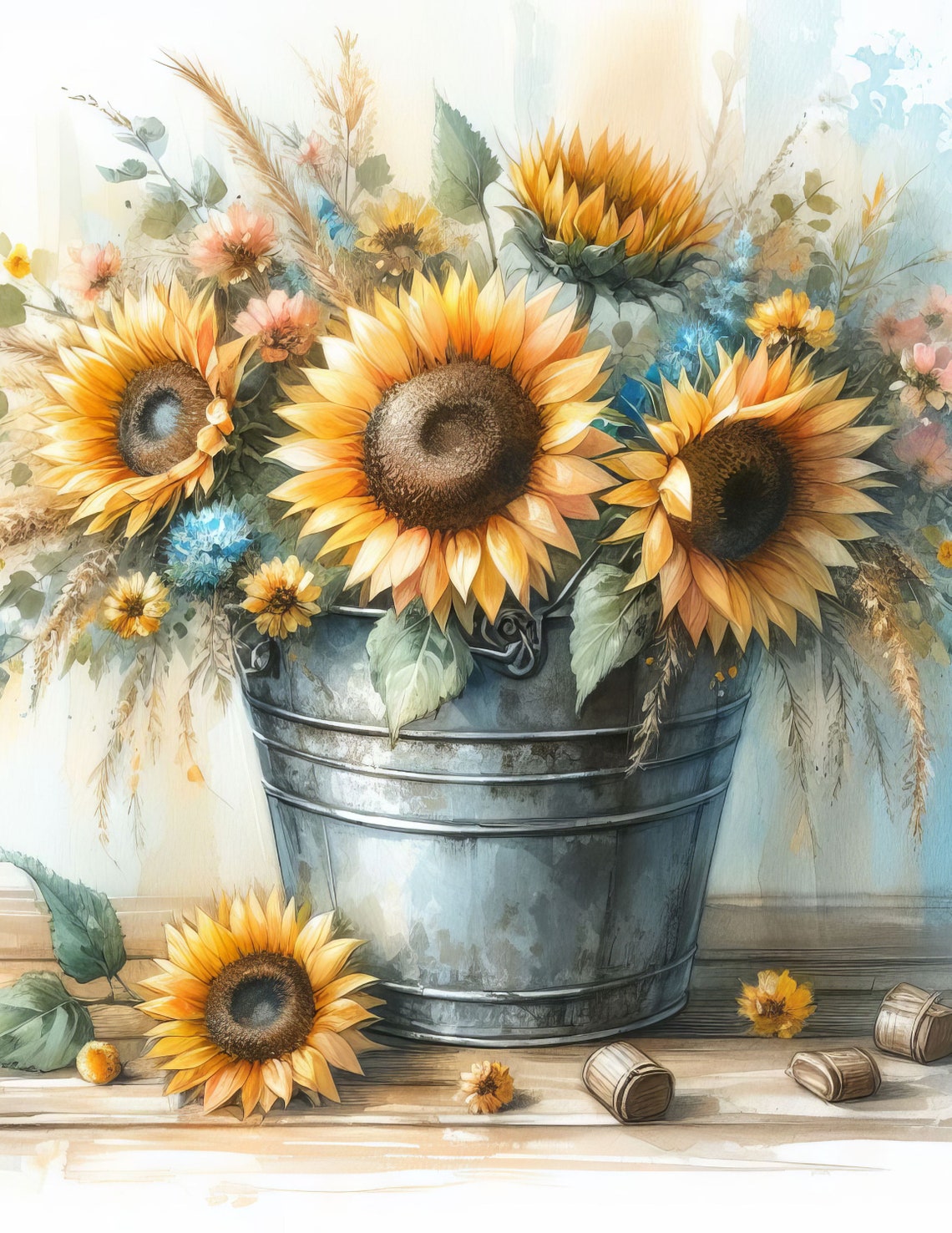 Sunflowers in Pail Clipart Bundle 10 High Res Watercolor Jpgs for Junk ...