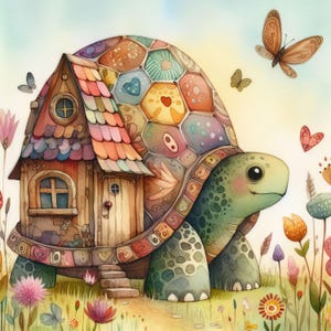 Whimsical Turtle House: 10 High Res Watercolor Jpgs, Junk Journaling ...
