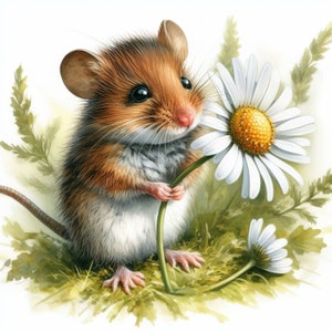 Mouse With Daisy: Clip Art, 10 High Res Watercolor Jpgs, Junk ...