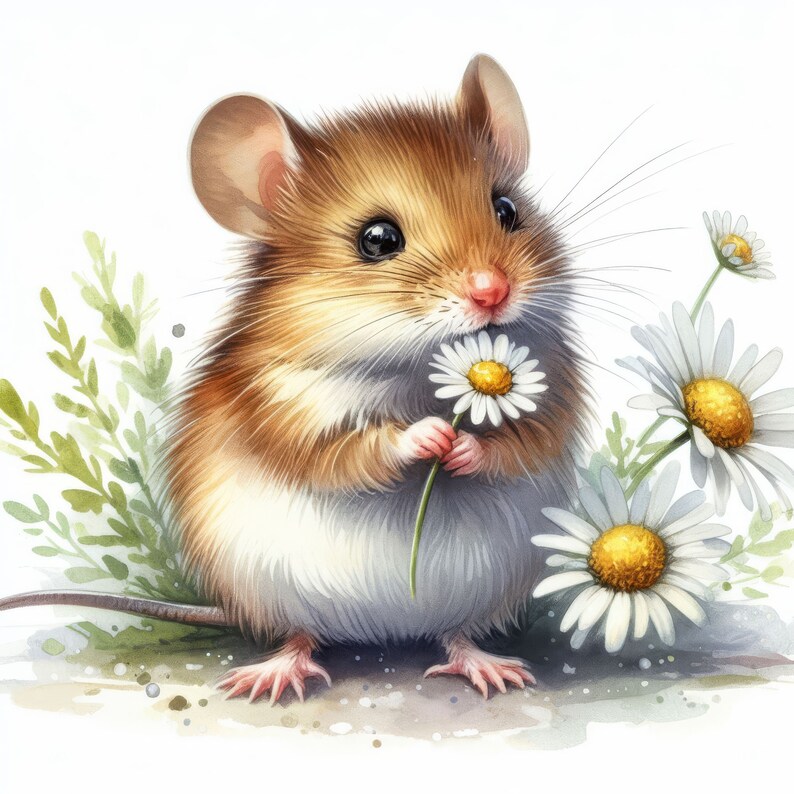 Mouse With Daisy: Clip Art, 10 High Res Watercolor Jpgs, Junk ...