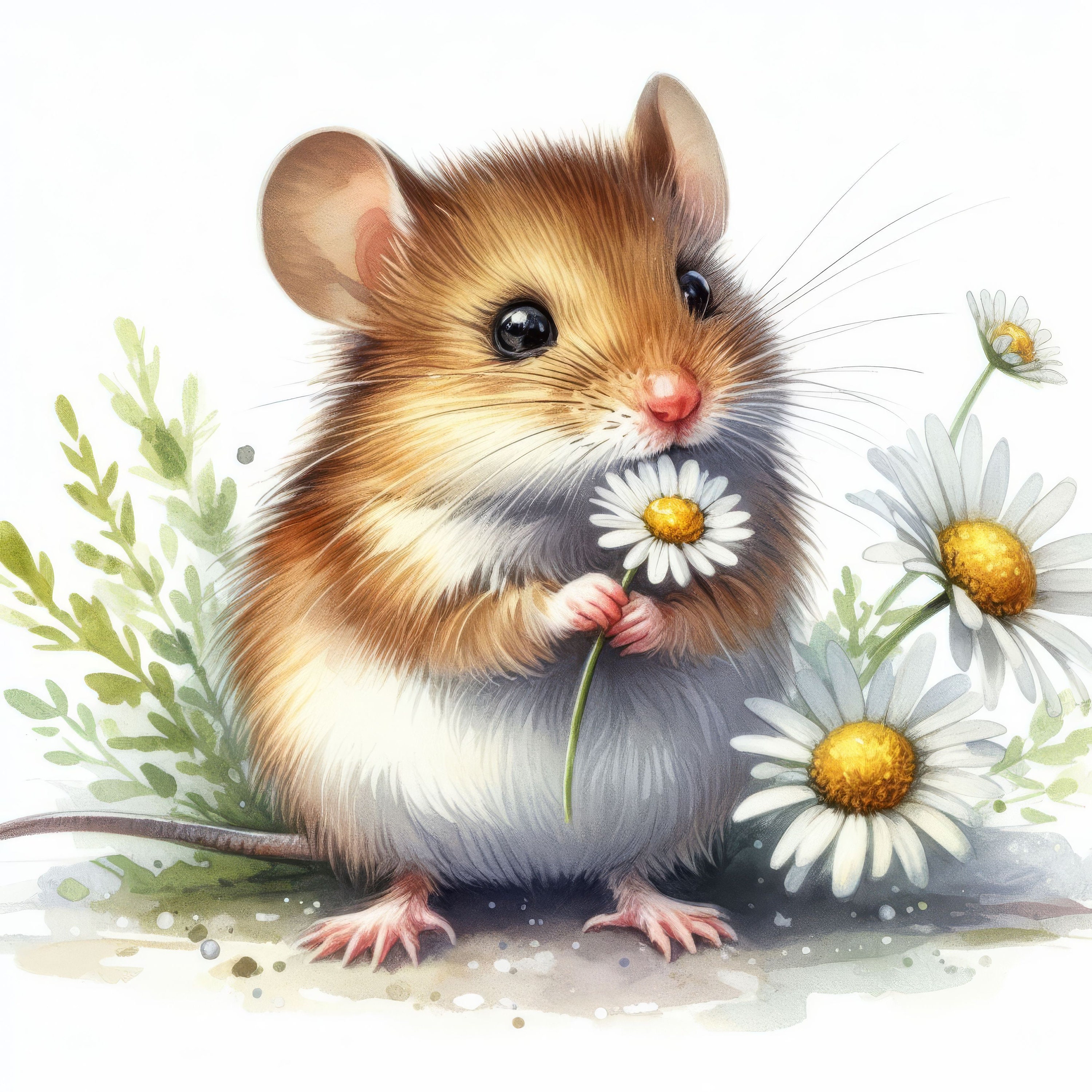 Mouse With Daisy: Clip Art, 10 High Res Watercolor Jpgs, Junk ...