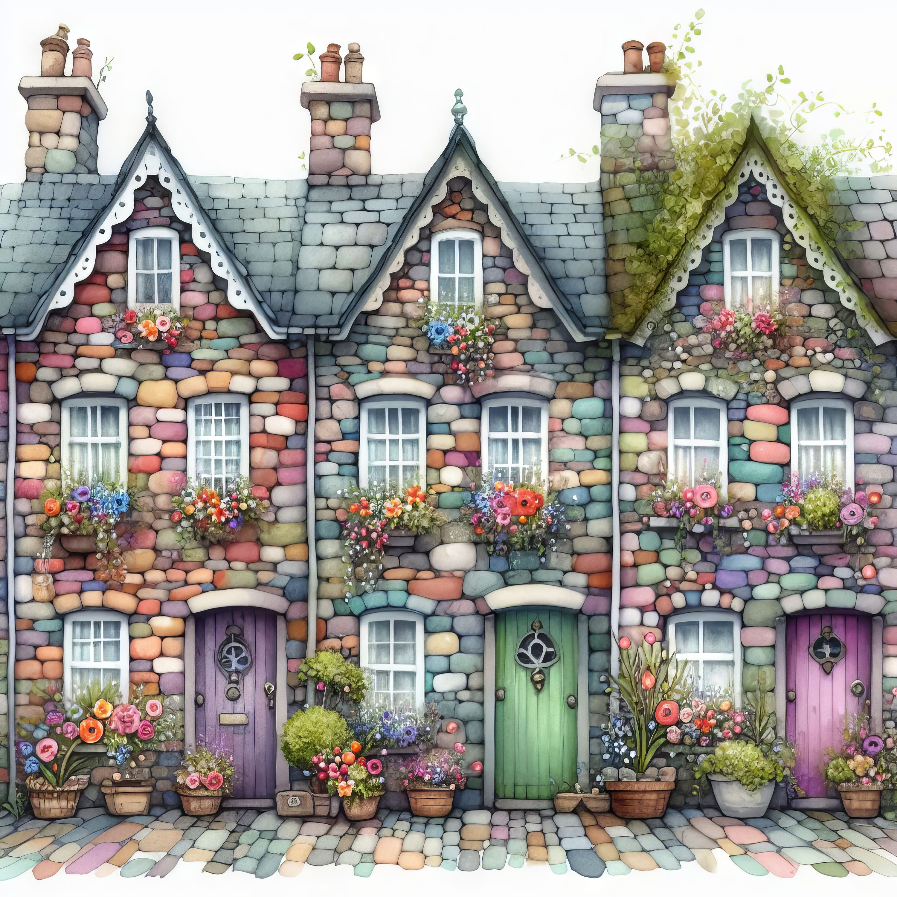 Whimsical Stone Row Houses Clip Art 10 High Res Watercolor Jpgs Junk ...