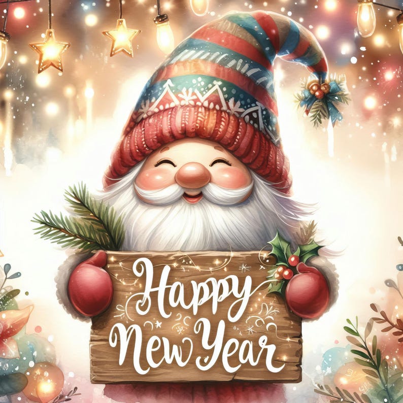 Happy New Year Gnome: 10 High Res Watercolor Jpgs, Junk Journaling ...
