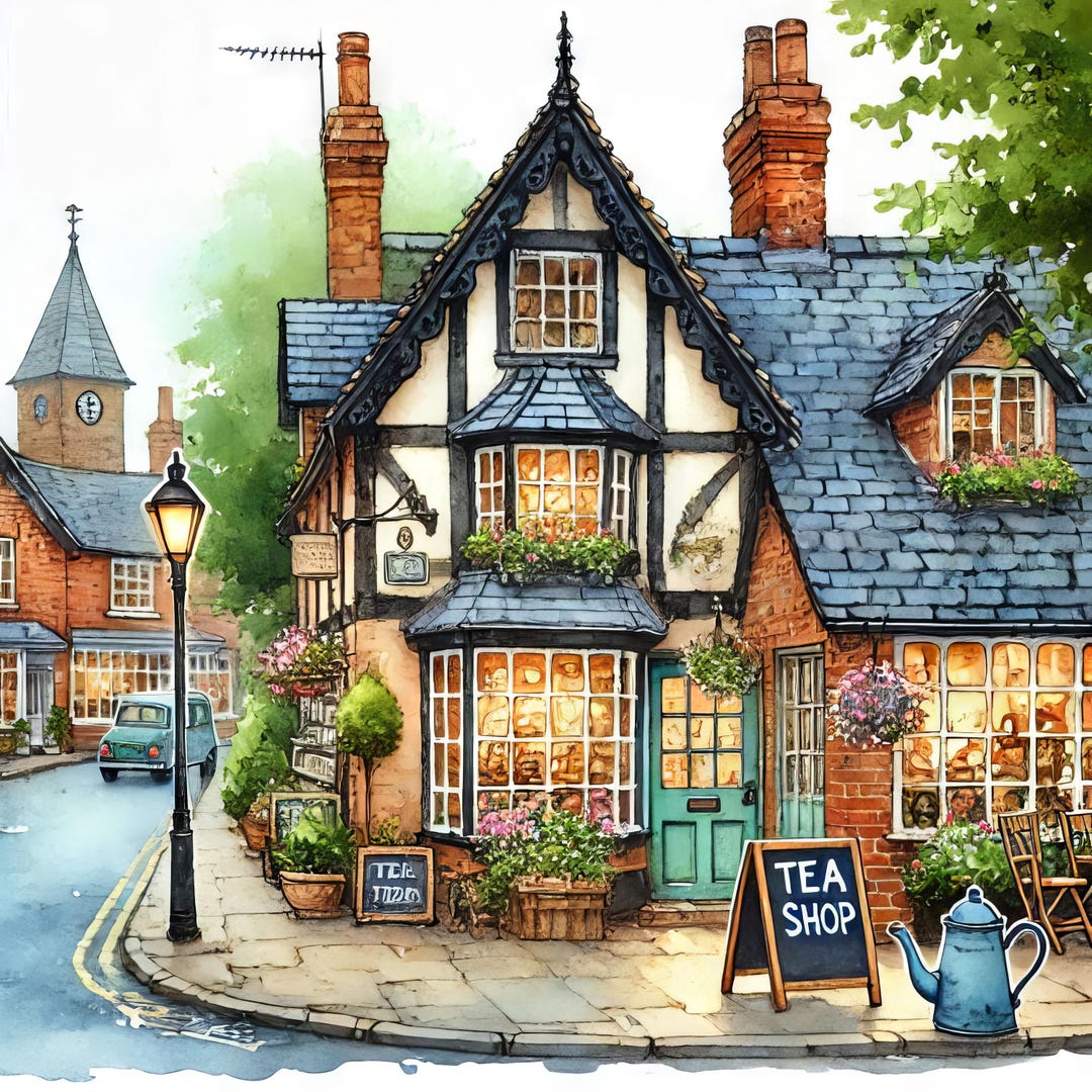 Village Tea Shop: 10 High Res Watercolor Jpegs Junk Journaling ...