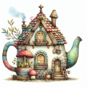 Whimsical Teapot House Clip Art 10 High Res Watercolor Jpgs for Junk ...