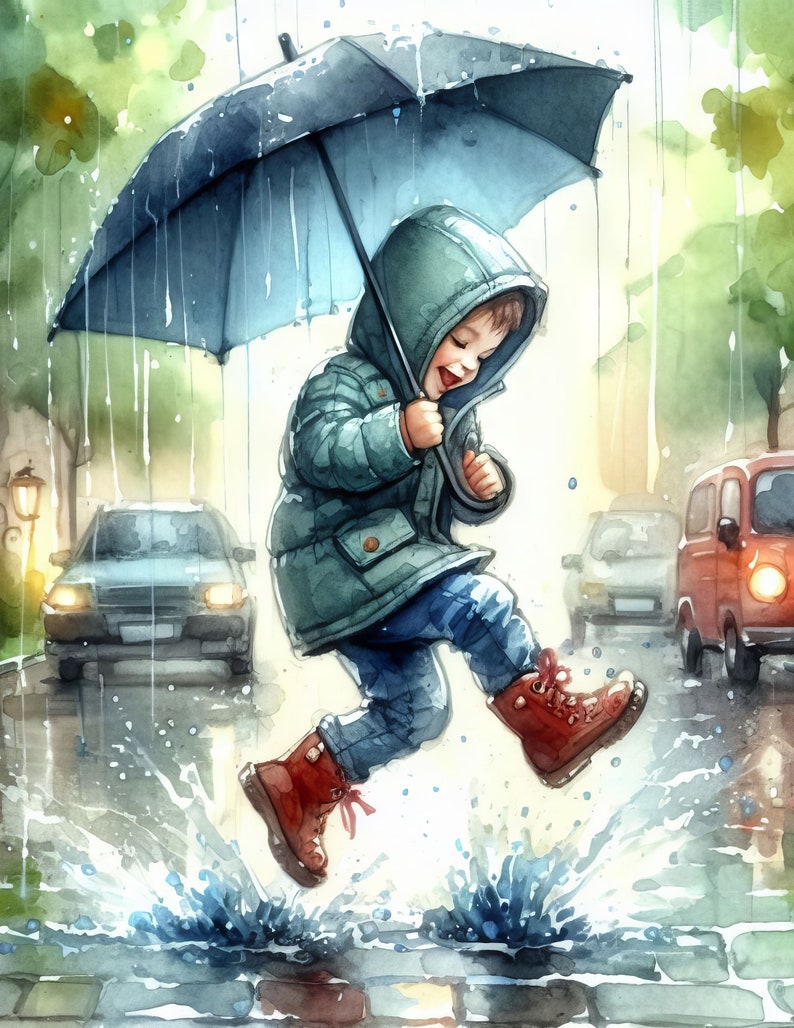 Little Boy Jumping in Puddles Clip Art Kit 10 High Res Watercolor Jpgs ...