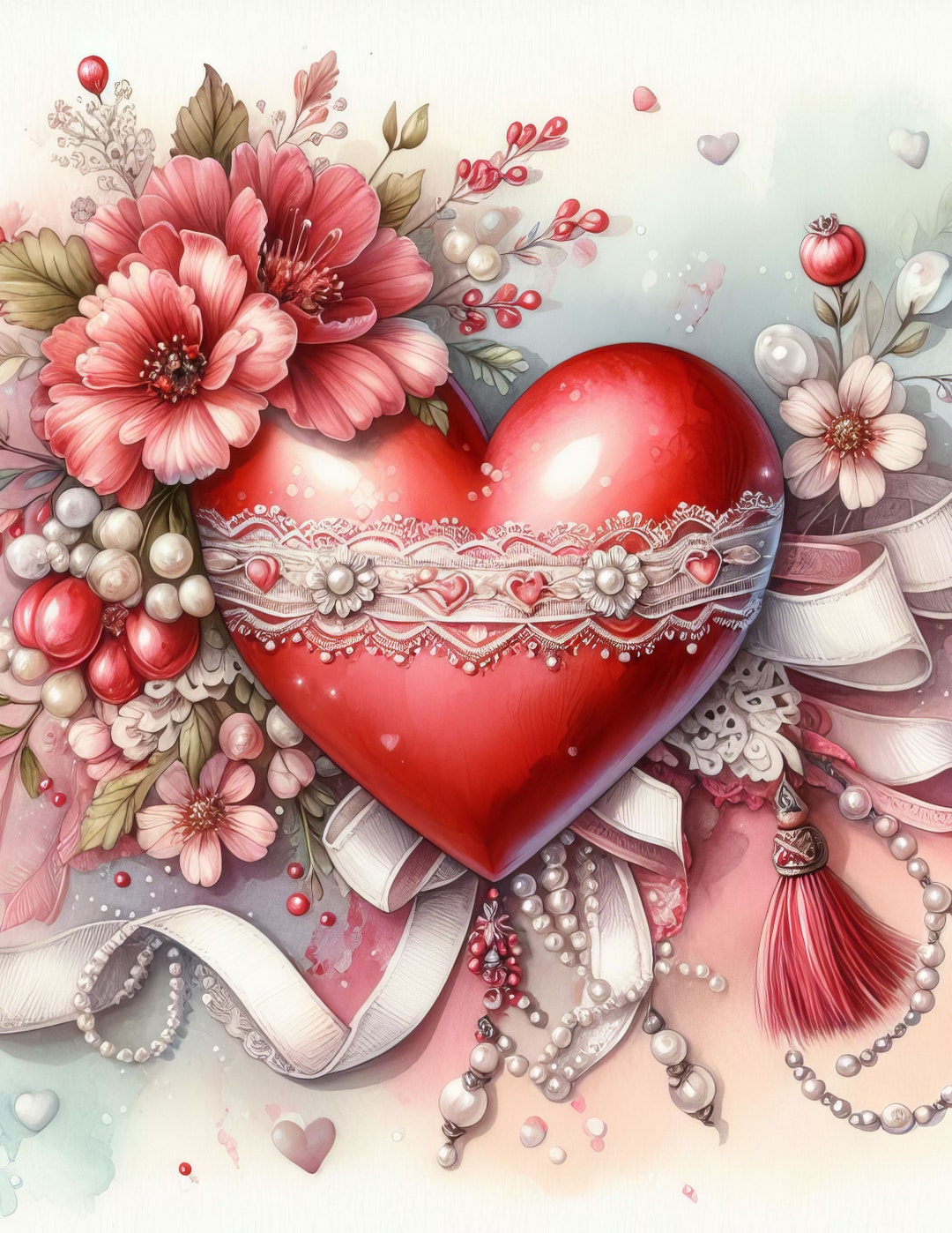 Boho Fancy Red Heart Clipart Bundle 10 High Res Watercolor Jpgs for ...