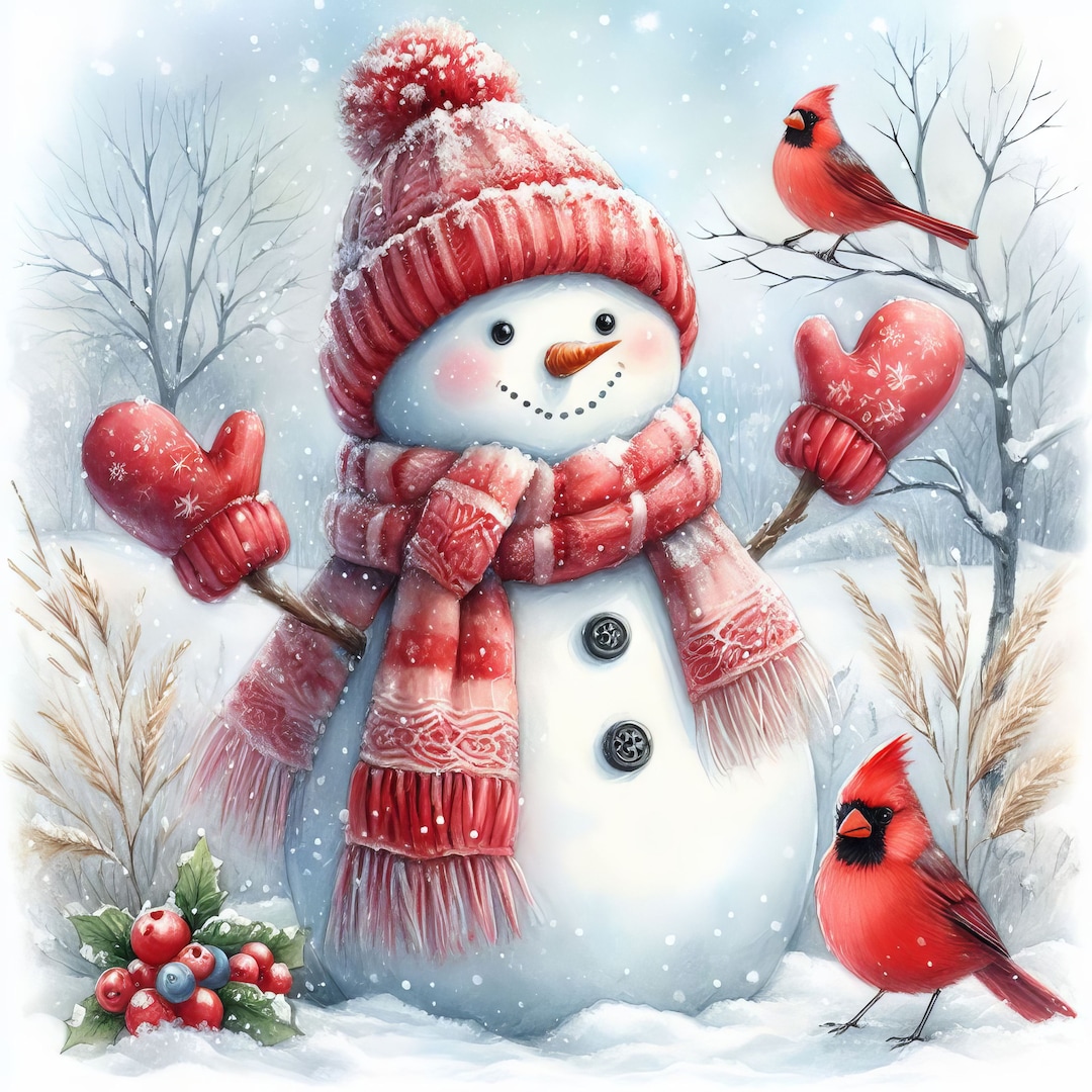 Snowman in Red With Cardinal Clip Art Bundle 10 High Res Watercolor ...