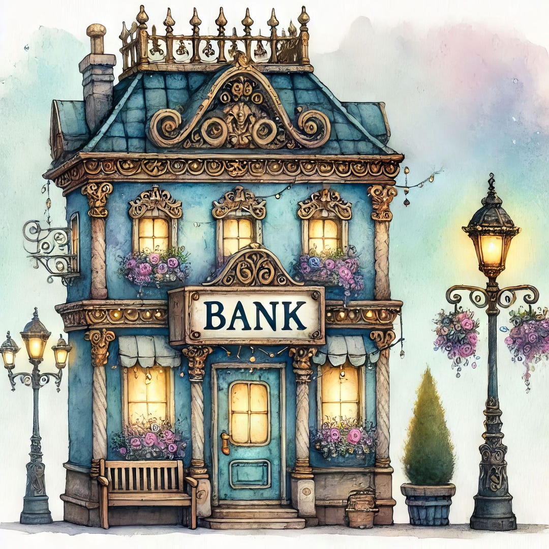 Whimsical Bank Watercolor Clipart: Junk Journal Ephemera (digital ...