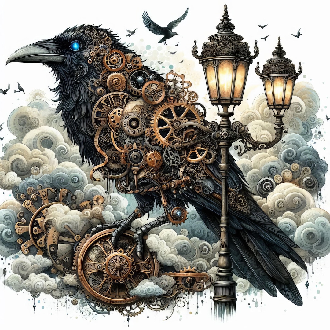 Steampunk Raven: 10 High Res Watercolor Jpgs, Junk Journaling, Card ...