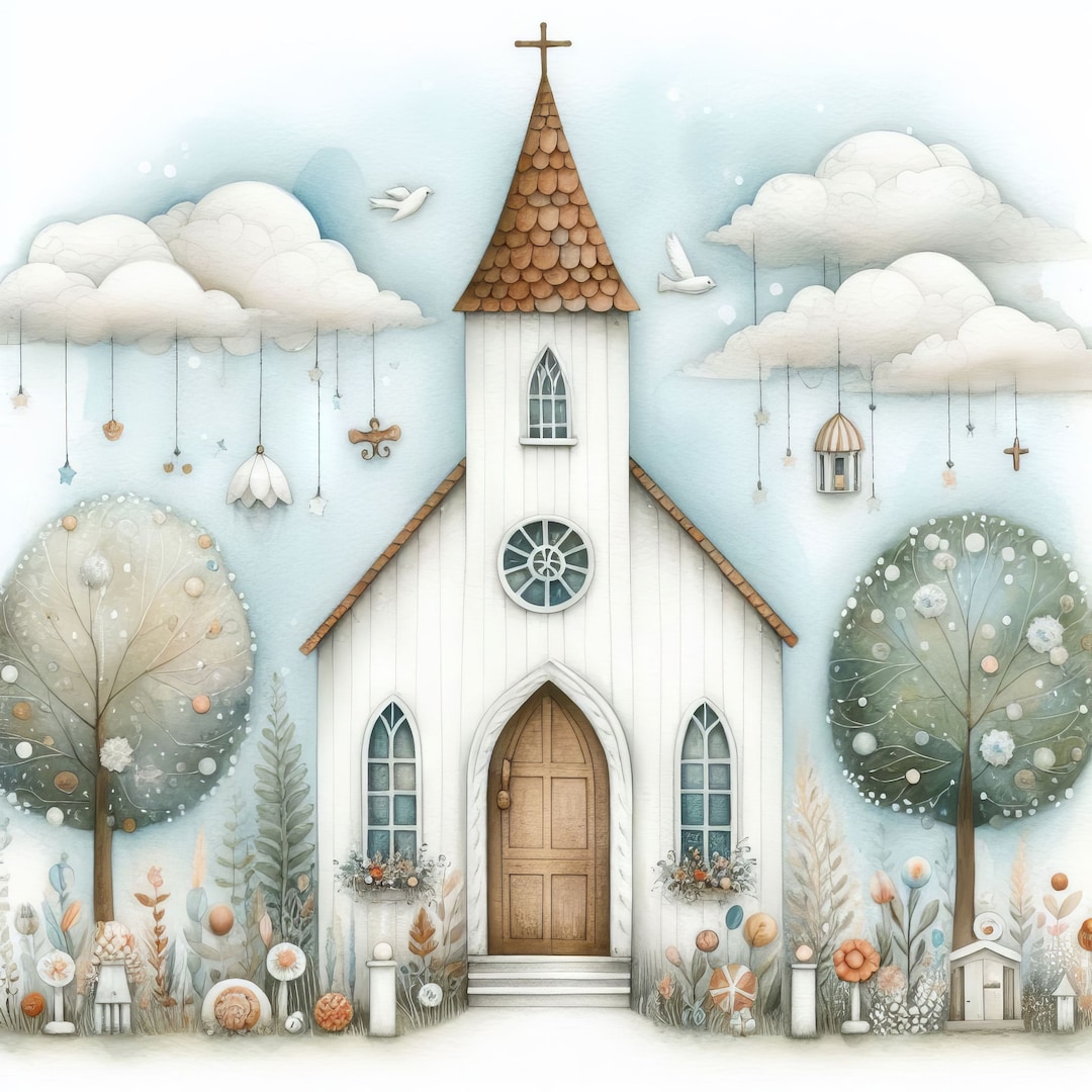 Primitive White Church: Clip Art, 10 High Res Watercolor Jpgs, Junk ...